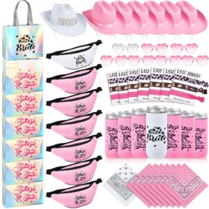 shinymatch 49 pcs cowgirl bachelorette party favors set bachelorette cowgirl hats bridesmaid fanny pack can sleeves cowgirl hair ties paisley bandanas heart glasses tote bags for bridal shower