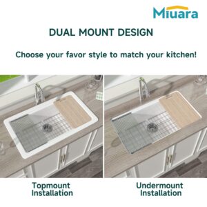 Miuara White Workstation Kitchen Sink 33 Inch - White Undermount Kitchen Sink 33"x19"x10", Large Kitchen Sink Drop In, Single Bowl Topmount Fireclay Sink for Kitchen,with 4 Custom Accessories