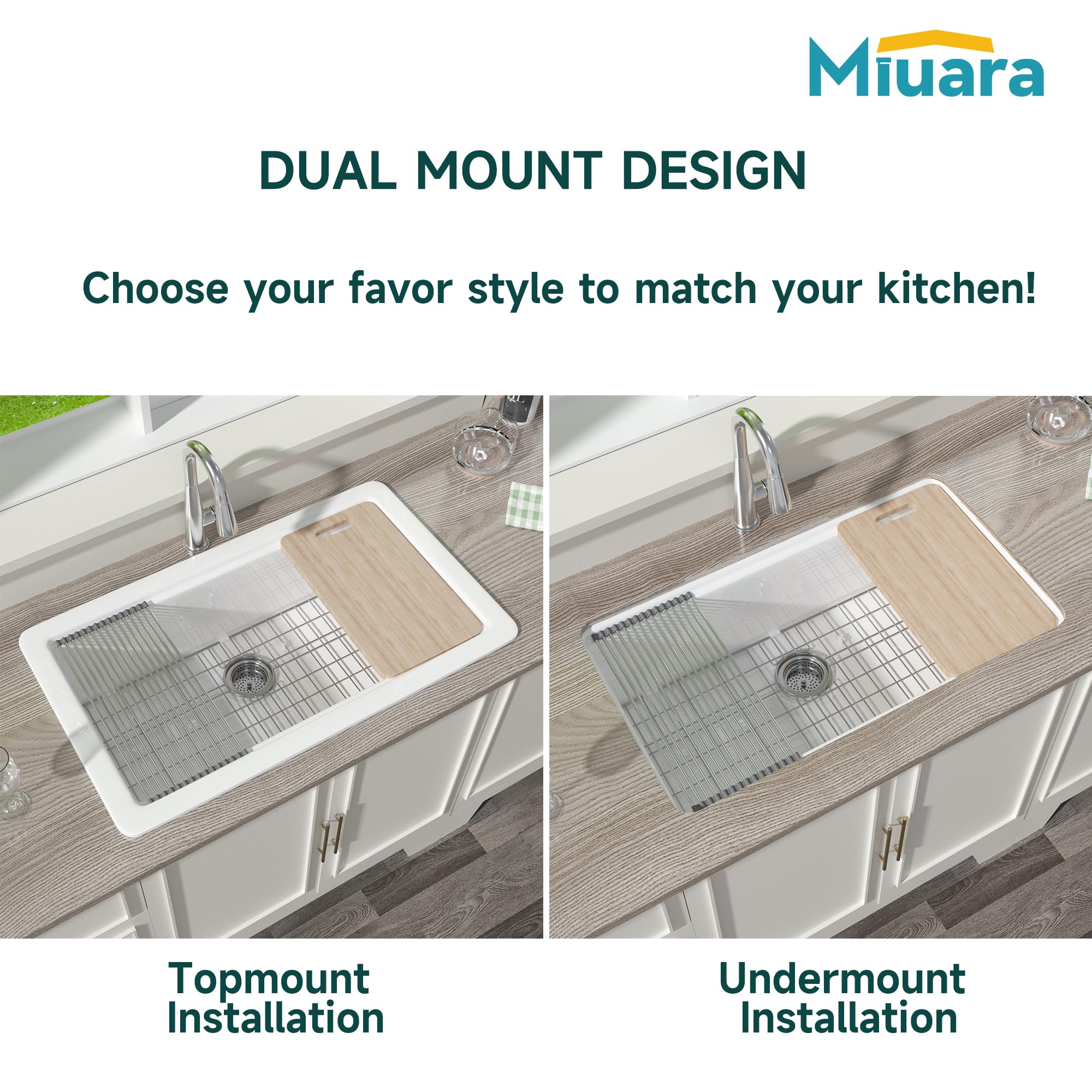 Miuara White Workstation Kitchen Sink 33 Inch - White Undermount Kitchen Sink 33"x19"x10", Large Kitchen Sink Drop In, Single Bowl Topmount Fireclay Sink for Kitchen,with 4 Custom Accessories