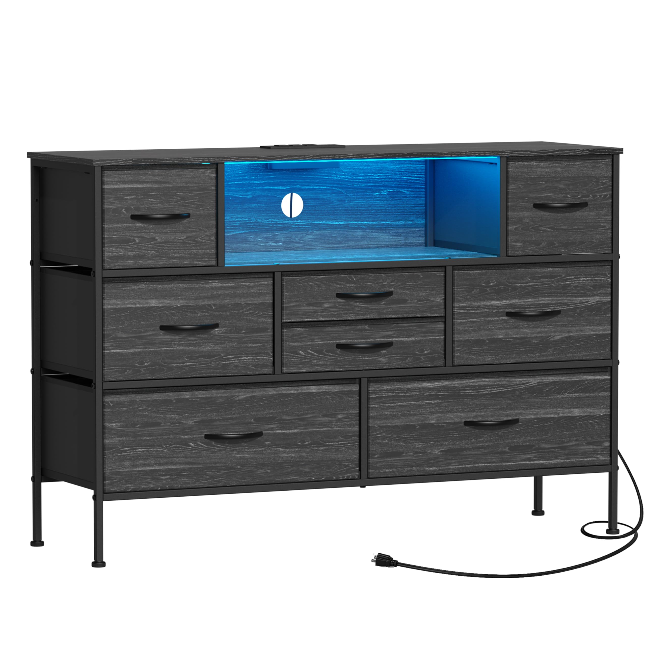 Simoretus Wide Dresser with Charging Station and LED Light for Bedroom 8 Fabric Drawers Chest of Drawers with Power Outlet Storage Open Shelf for Living Room TV Stand Closet Hallway (Charcoal Black)