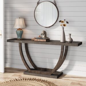 Tribesigns 63-Inch Skinny Console Table with Geometric Base 2-Tier Farmhouse Sofa Table Narrow Long, Thickened Behind Couch Table with Shelves for Living Room Foyer Corridor (Rustic Grey)