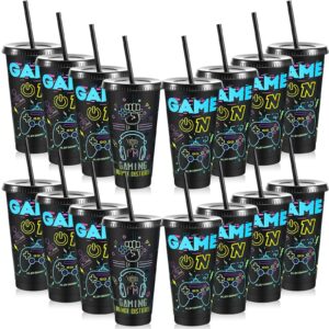 uiifan 16 pcs video game party plastic cups with lids and straws 24 oz iced coffee drinking resuable plastic cups for video game birthday party favor(black)