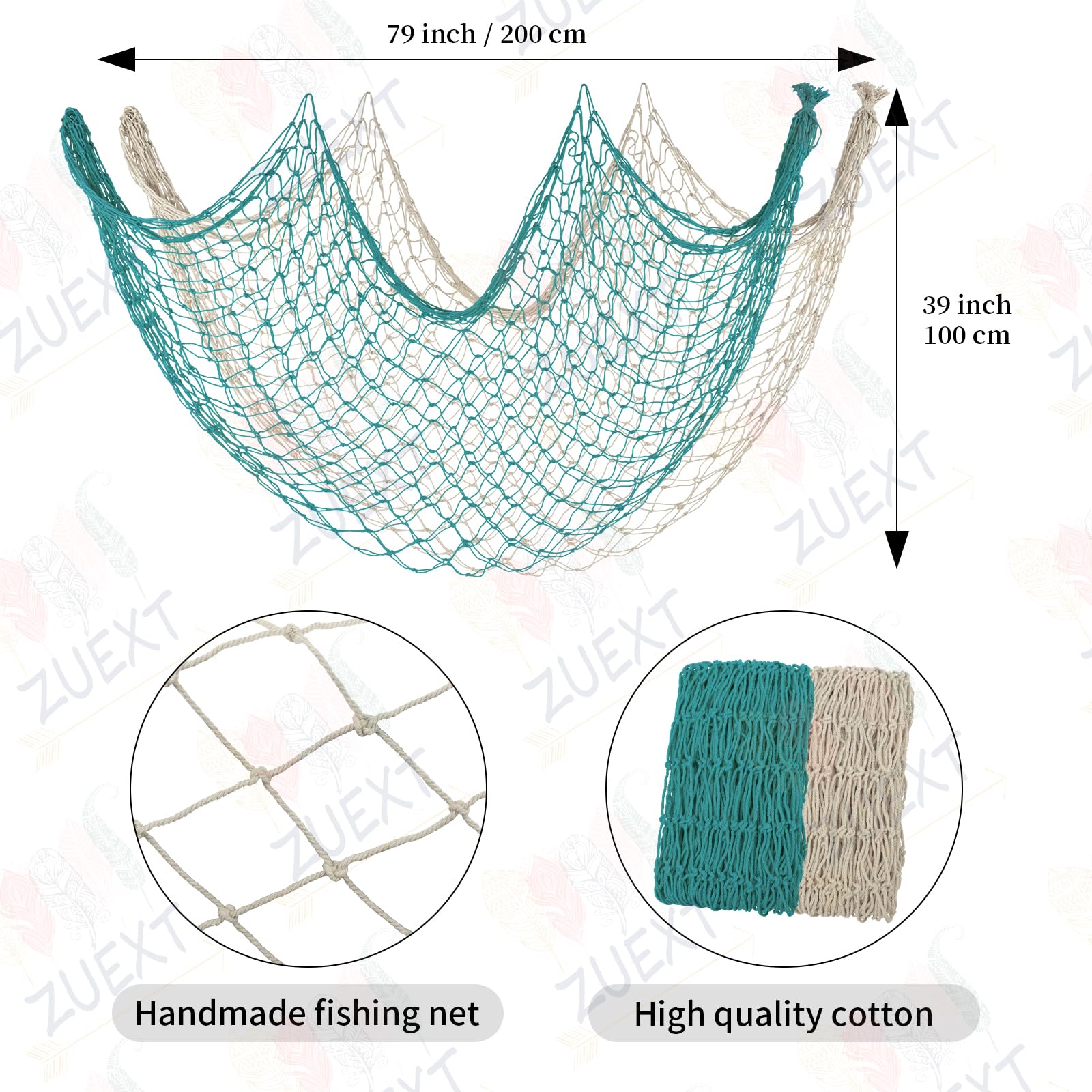 ZUEXT Beige & Aqua Decorative Fishing Net 80x40 Inch, 2PCS Large Picture Fish Net, Pirate Mermaid Net for Nautical Ocean Themed Under The Sea Party, Wall Hanging Fishnet for Photo Display