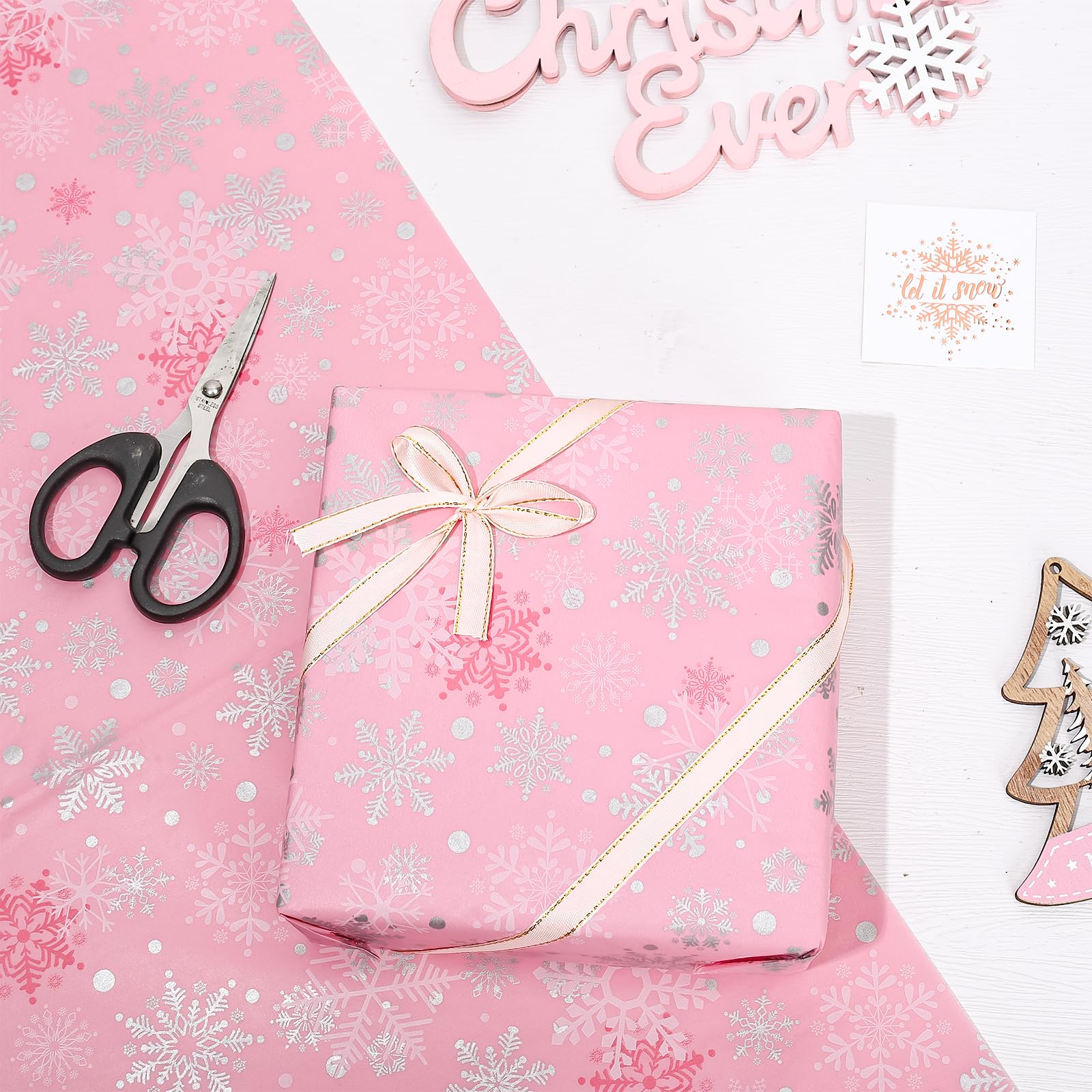 Whaline 100 Sheets Christmas Tissue Paper Pink Winter Snowflake Gift Wrapping Paper Pink Snow Flakes Art Craft Gift Wrap Paper for Winter Xmas New Year Baby Shower Wedding Decor, 13.7 x 19.6 Inch