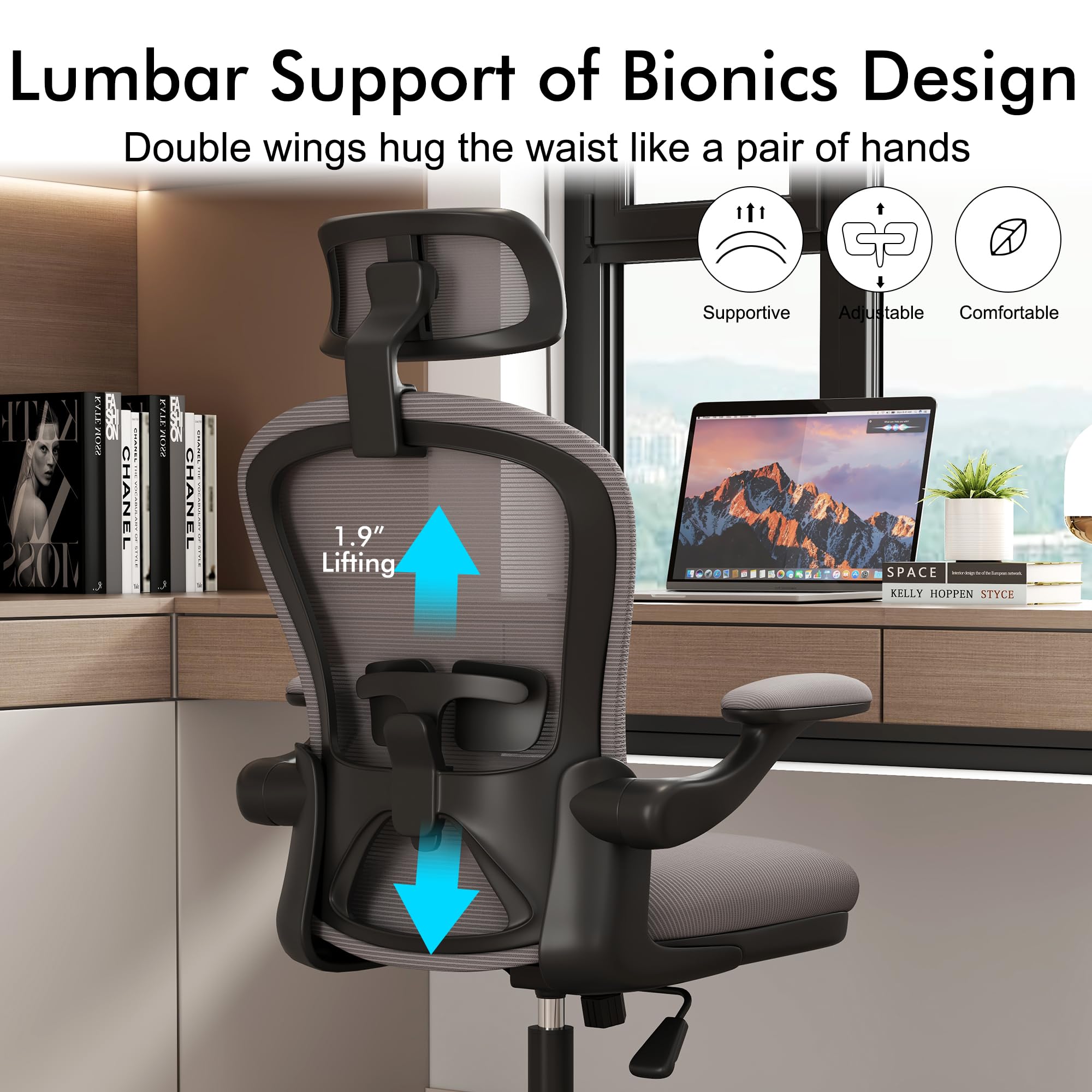 Apusen Ergonomic Office Chairs with Adjustable Lumbar Support,Mesh Desk Chair with Adjustable Arms and Wheels,Computer Desk Chair for Home Office Essentials（Headrests,Black）