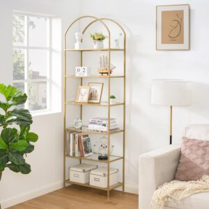 homhedy 6-tier bookshelf arched display racks, metal bookcase, tempered glass shelves, storage rack shelf for home office, living room, bedroom, bathroom, modern style, golden