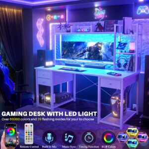 Aheaplus Desk with LED and Outlets, Gaming Desk with Hutch, 55.2'' Computer Desk with Drawers, Reversible Office Desk with Storage Bookshelf Large Workstation Desk with Shelf, Desk for Home, White