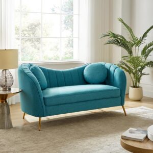 hulala home velvet loveseat sofa with 2 pillows, mid-century modern 2-seat sofa with golden legs for bedroom, comfy upholstered love seat couch, teal