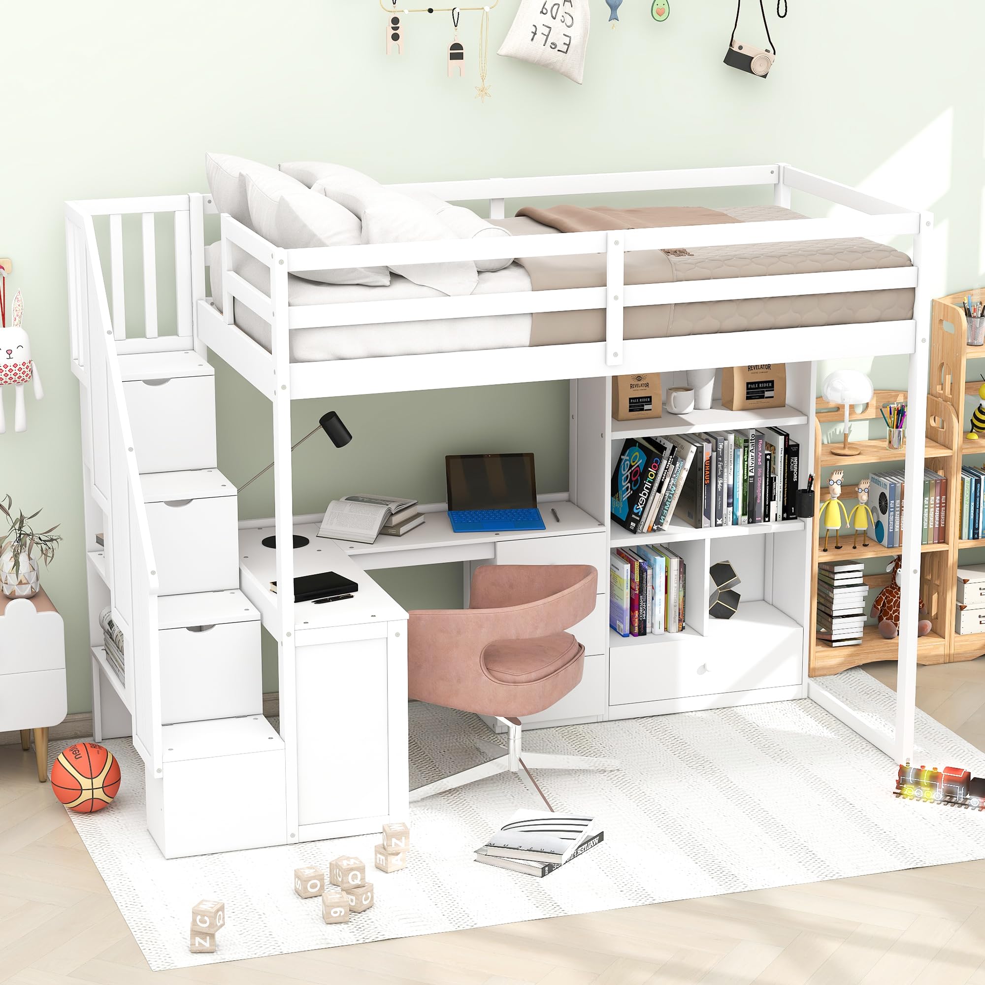 SOFTSEA Twin Loft Bed with L-Shaped Desk & Stairs, Wood Loft Bed with Desk and Storage Staircase, Twin Loft Bed with Bookcase and Storage Drawers, High Loft Bed with Desk for Kids Teens Adults, White