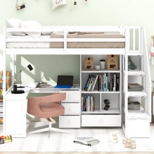 SOFTSEA Twin Loft Bed with L-Shaped Desk & Stairs, Wood Loft Bed with Desk and Storage Staircase, Twin Loft Bed with Bookcase and Storage Drawers, High Loft Bed with Desk for Kids Teens Adults, White