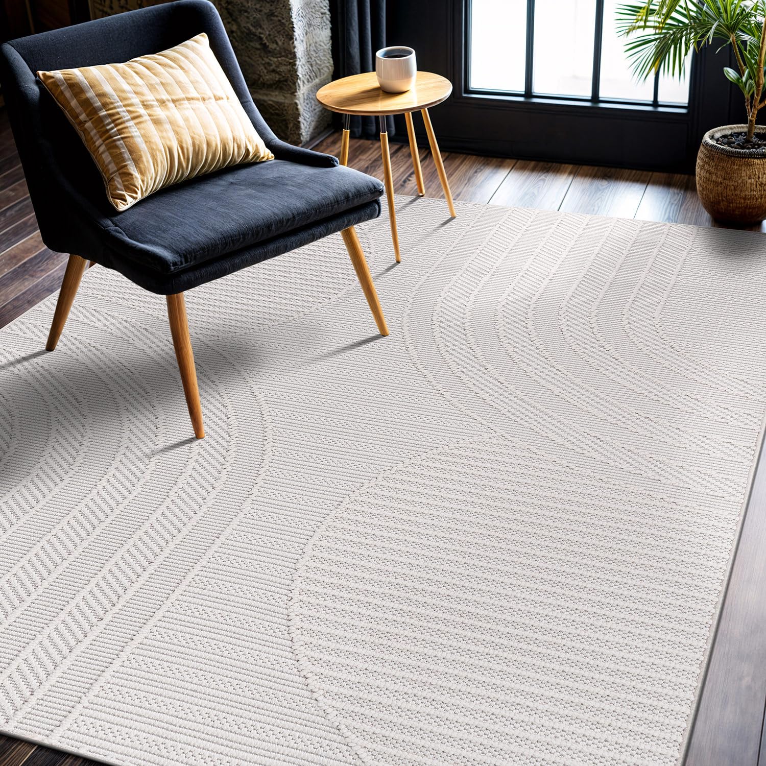 CAMILSON Micro Loop Rug 5x7 Modern Luxury Geometric Arch Area Rugs Soft High and Low Pile Stain Resistant Easy-Cleaning Non-Shedding for Living Room Office Indoor Carpet (5 x 7 / White)