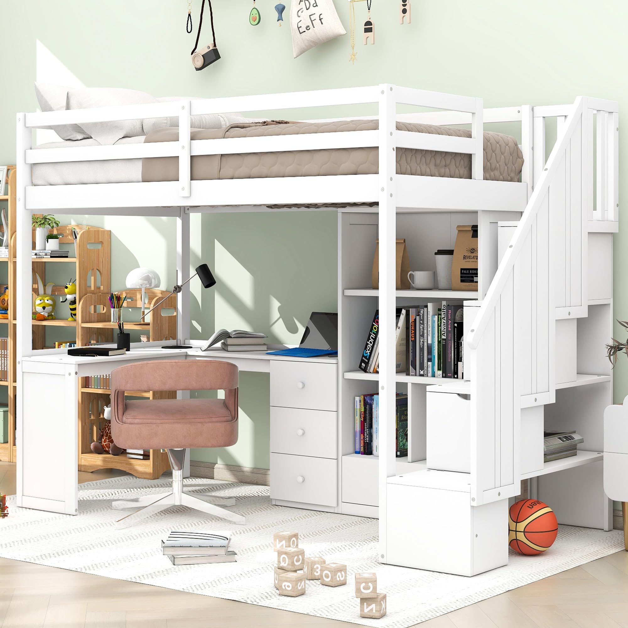 SOFTSEA Twin Loft Bed with L-Shaped Desk & Stairs, Wood Loft Bed with Desk and Storage Staircase, Twin Loft Bed with Bookcase and Storage Drawers, High Loft Bed with Desk for Kids Teens Adults, White