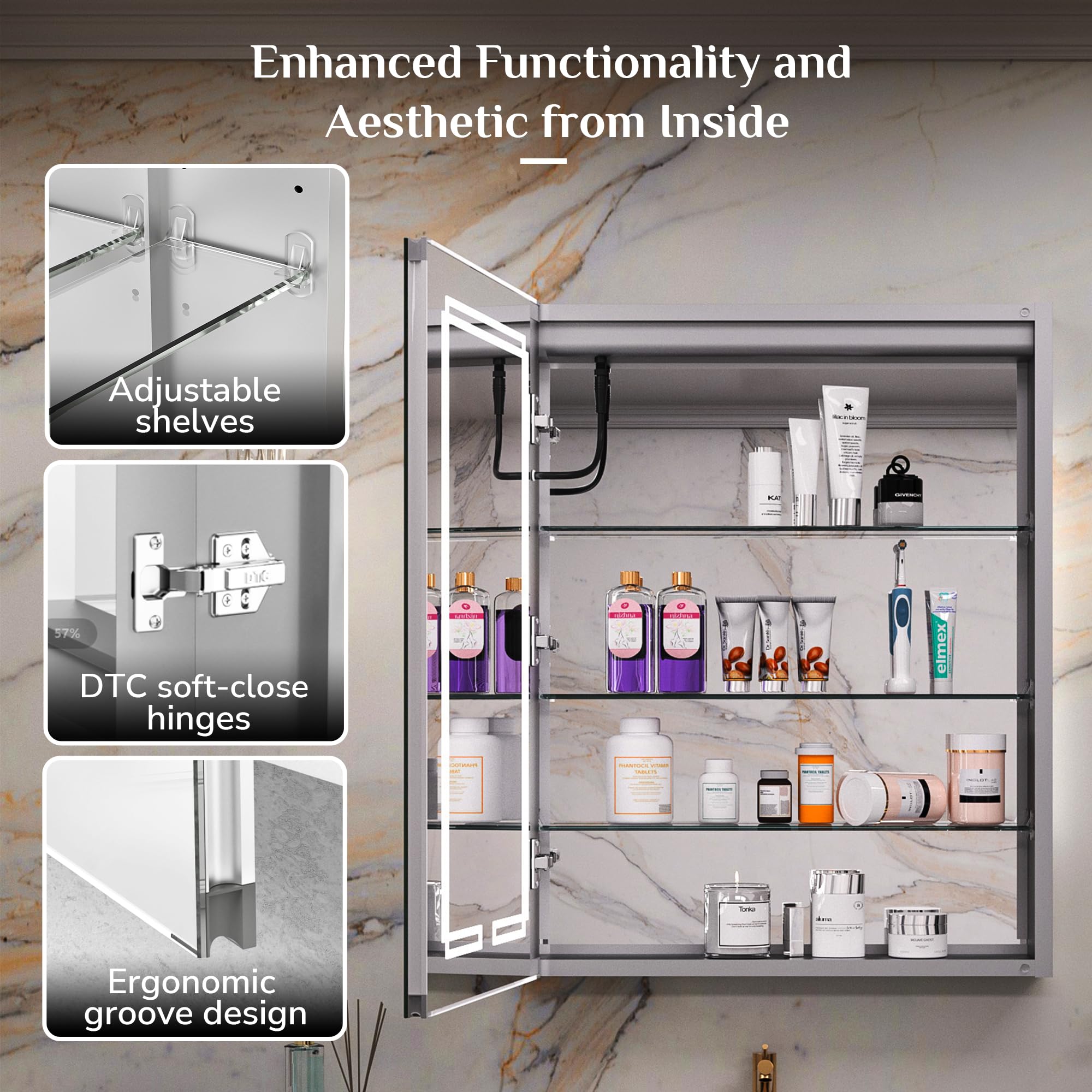 Keonjinn 30x32 Inch Lighted Medicine Cabinet with LED Vanity Mirror for Bathroom Adjustable Shelves Dimmable 3 Color Temperature Lights Anti-Fog Wall Mount LED Medicine Cabinet Mirror