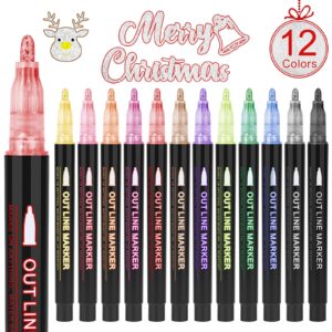 olingyou outline markers, 12 colors shimmer markers set, self outline metallic outline marker pen set for art, drawing, doodling, card making, greeting cards, diy crafts