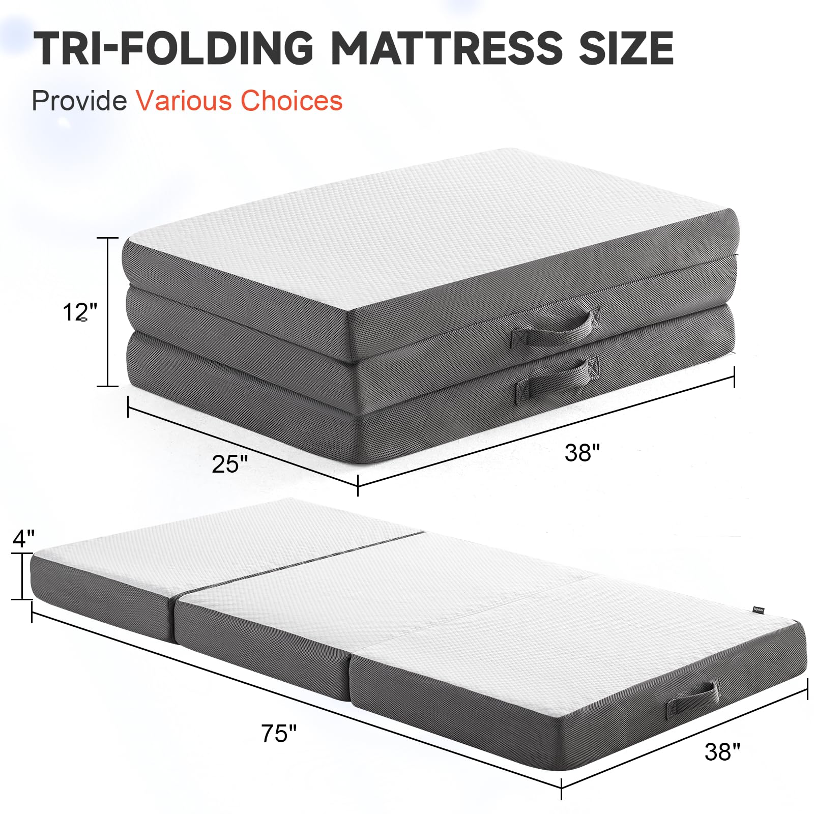 Yojoker Foldable Mattress, 4 Inch Folding Mattress with Soft Blanket, Tri-Fold Memory Foam Mattress withCover,Fold up Mattress for Floor for Yoga and Sofa Bed, Twin 75"x38"x4"