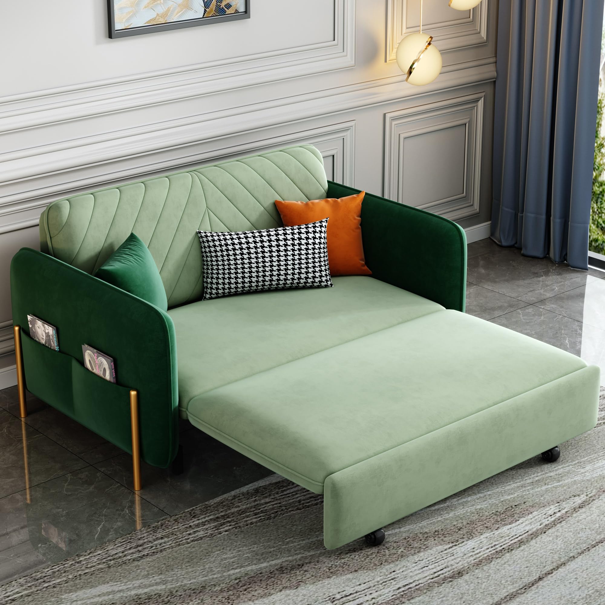 comfor u 53.5" Full Sleeper Sofa Green Upholstered Convertible Sofa Bed 3 in 1 Sleeper Sofa Couch Bed, Small Tufted Velvet Convertible Loveseat Futon Sofa w/Pullout Bed, Multi-Pockets for Living Room