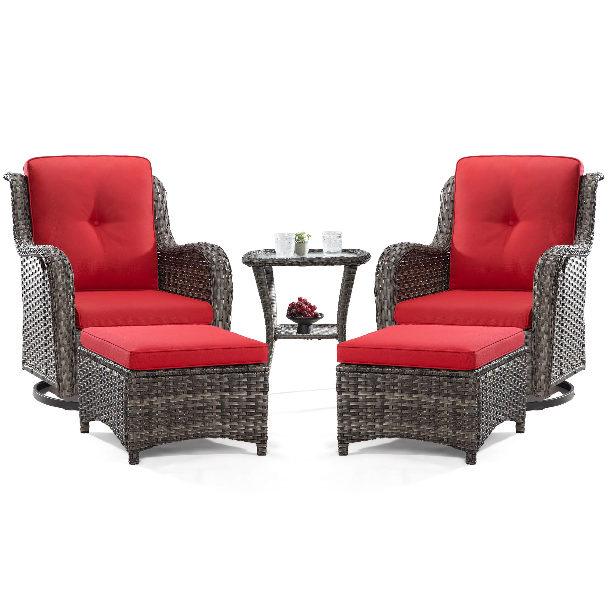 Gardenbee 5 Piece Outdoor Patio Furniture Set Wicker Conversation Set Swivel Rocking Chairs with Side Table and Ottomans for Backyard, Porch, Deck, Red