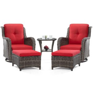 gardenbee 5 piece outdoor patio furniture set wicker conversation set swivel rocking chairs with side table and ottomans for backyard, porch, deck, red