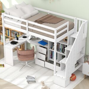 SOFTSEA Twin Loft Bed with L-Shaped Desk & Stairs, Wood Loft Bed with Desk and Storage Staircase, Twin Loft Bed with Bookcase and Storage Drawers, High Loft Bed with Desk for Kids Teens Adults, White