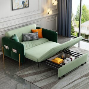 comfor u 53.5" full sleeper sofa green upholstered convertible sofa bed 3 in 1 sleeper sofa couch bed, small tufted velvet convertible loveseat futon sofa w/pullout bed, multi-pockets for living room