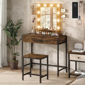 furniouse makeup vanity desk set with led lights and mirror, 33" w makeup table with drawer & charging station, dressing table with stool for bedroom, rustic brown