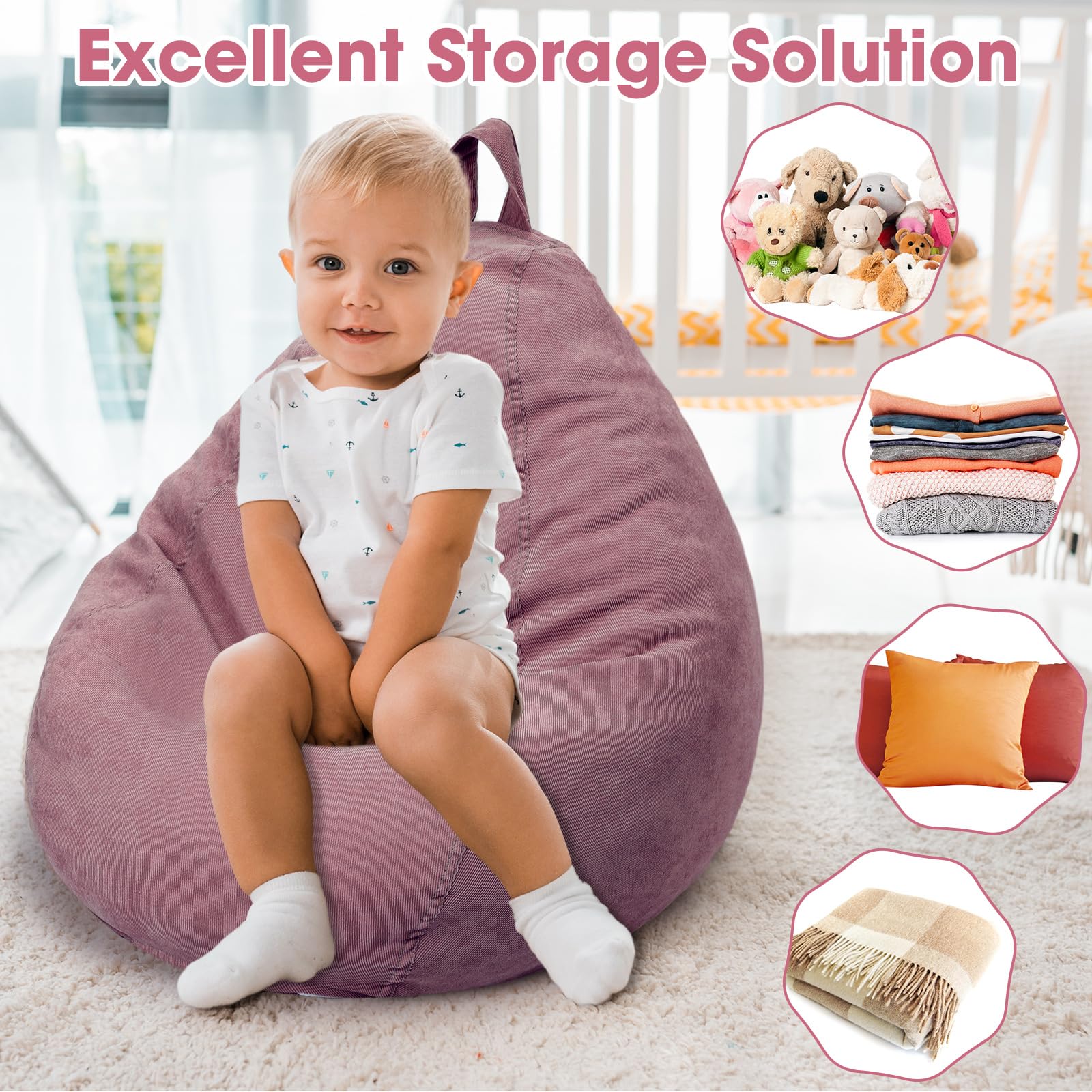 Wenqik 2 Pcs 100L Stuffed Animal Storage Bean Bag Chair Cover (No Filler) for Kids Soft Corduroy Stuffable Bean Bag Zipper for Organizing Children Plush Toys(Dusty Pink)