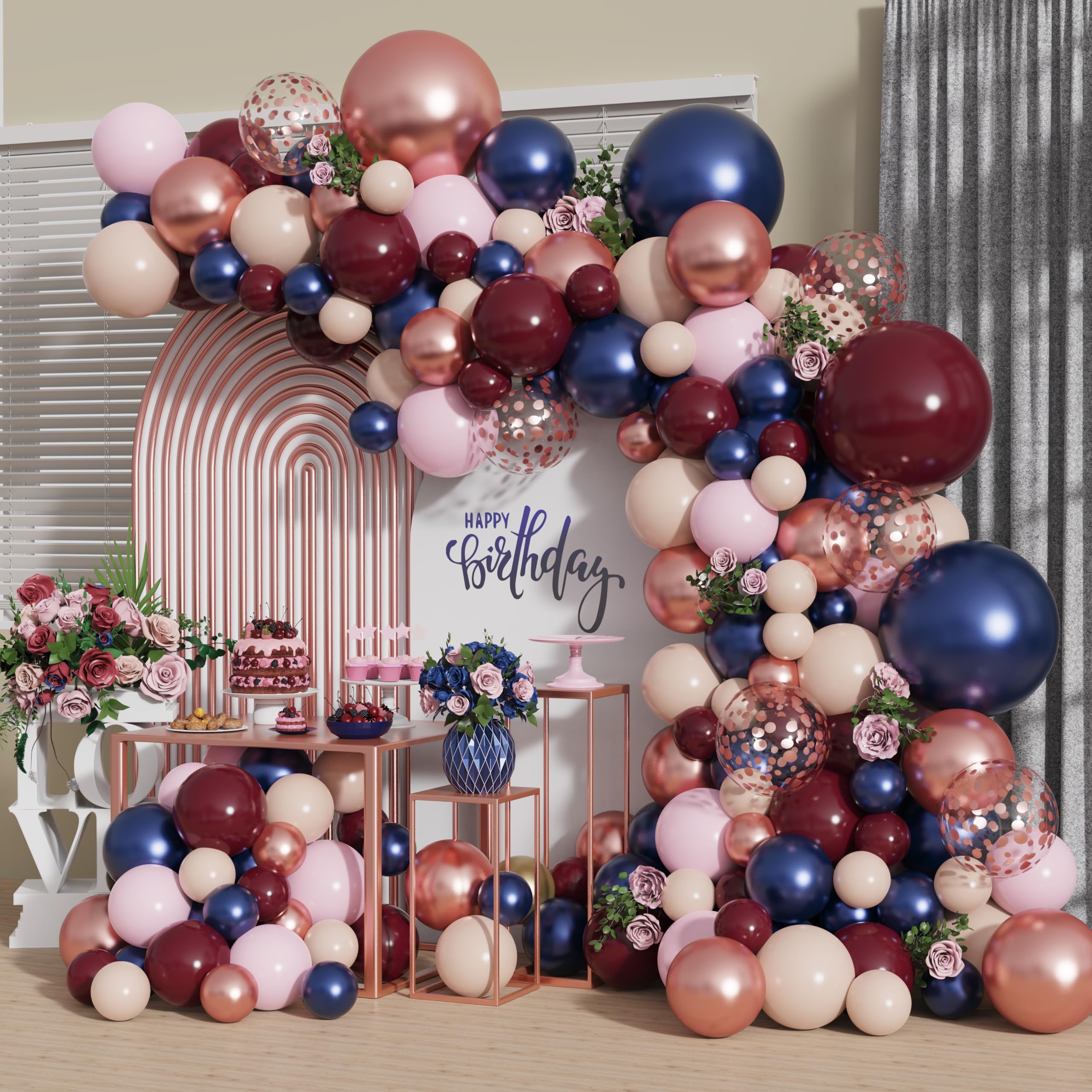 Navy Blue Rose Gold Pink Burgundy Balloons Garland with 142pcs 18/10/5/Inch Metallic Chrome Balloons for Thanksgving Birthday Party Wedding Graduation Bridal Shower Decorations (Navy Blue Burgundy)