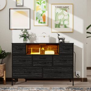 Simoretus Wide Dresser with Charging Station and LED Light for Bedroom 8 Fabric Drawers Chest of Drawers with Power Outlet Storage Open Shelf for Living Room TV Stand Closet Hallway (Charcoal Black)