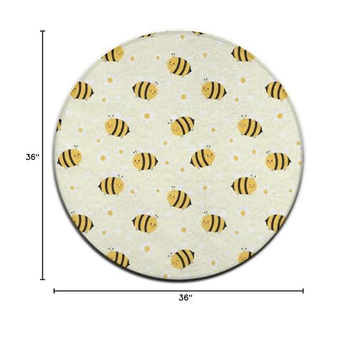 Soft Round Area Rug Cute Honeybee Bee Light Yellow for Bedroom, Circle Rug for Nursery Room, Carpet Floor Mat for Living Room, Dorm Home Decor, Easy to Clean