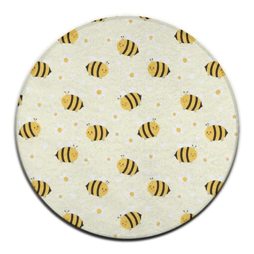 Soft Round Area Rug Cute Honeybee Bee Light Yellow for Bedroom, Circle Rug for Nursery Room, Carpet Floor Mat for Living Room, Dorm Home Decor, Easy to Clean