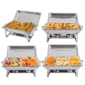 4 pack 8qt chafing dish buffet set with 2 full size, 2 half size, 3 1/3 size food pans, stainless steel buffet chafers catering food warmers for party/buffet/wedding/banquet/catering events