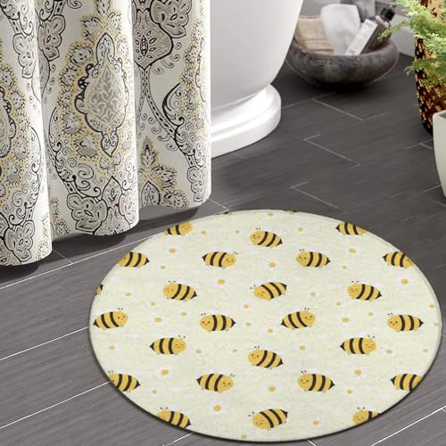 Soft Round Area Rug Cute Honeybee Bee Light Yellow for Bedroom, Circle Rug for Nursery Room, Carpet Floor Mat for Living Room, Dorm Home Decor, Easy to Clean