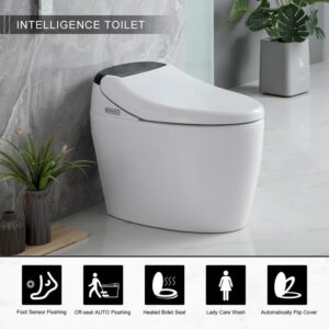 Smart Toilet One Piece Bidet Toilet for Bathrooms Toilet,Modern Intelligent Toilet Tankless Toilet with Remote Control and Auto Open & Close,Nightlight,Power Outage Flushing,White + Gray