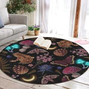 Modern Round Area Rug Goth Moon Frogs Moth Magical Mushroom Leaves Bedroom Circle Rug Washable Meditation Carpet for Playroom Living Room Bedroom Diameter 36inch