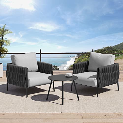 EAST OAK Life Chatter 3-Piece Patio Bistro Set, 2 Armchairs with Thick Cushion & Coffee Table，Deep Seating Patio Furniture for Garden Porch Balcony, Earth Black & Misty Grey