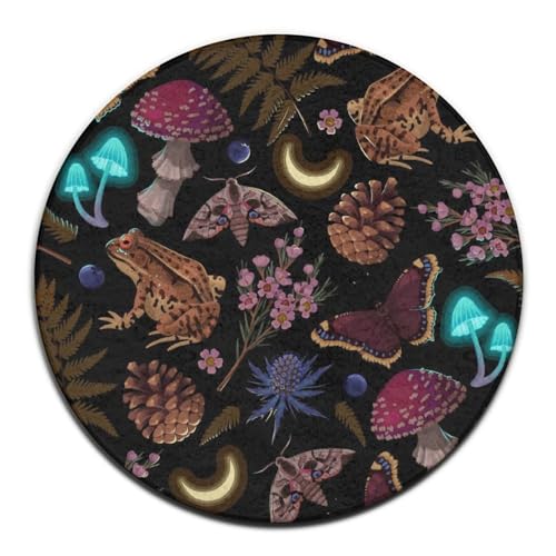 Modern Round Area Rug Goth Moon Frogs Moth Magical Mushroom Leaves Bedroom Circle Rug Washable Meditation Carpet for Playroom Living Room Bedroom Diameter 36inch