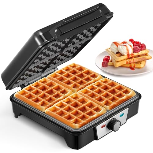 Reemix 4-Slice Belgian Waffle Maker, 3 Browning Levels with Nonstick Square Waffler Iron Plates, 1200 Watts, Compact Design for Easy Storage, Stainless Steel/Black, 120V