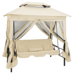 vidaxl gazebo convertible swing bench cream white - spacious double-seater gazebo swing bench - features convertible bed function and anti-insect mesh - comes with cushions for comfort – powder-co...