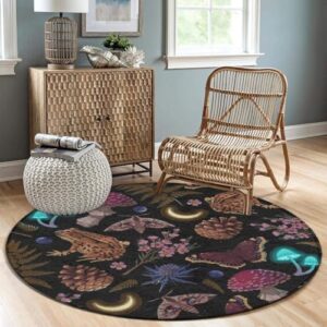 Modern Round Area Rug Goth Moon Frogs Moth Magical Mushroom Leaves Bedroom Circle Rug Washable Meditation Carpet for Playroom Living Room Bedroom Diameter 36inch