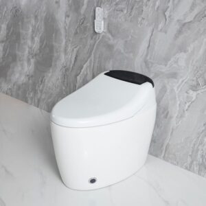 Smart Toilet One Piece Bidet Toilet for Bathrooms Toilet,Modern Intelligent Toilet Tankless Toilet with Remote Control and Auto Open & Close,Nightlight,Power Outage Flushing,White + Gray