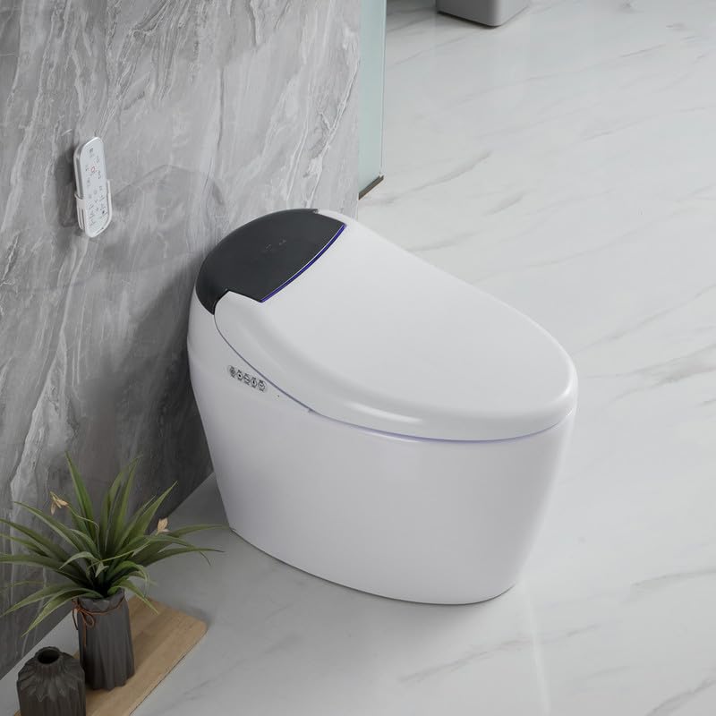 Smart Toilet One Piece Bidet Toilet for Bathrooms Toilet,Modern Intelligent Toilet Tankless Toilet with Remote Control and Auto Open & Close,Nightlight,Power Outage Flushing,White + Gray