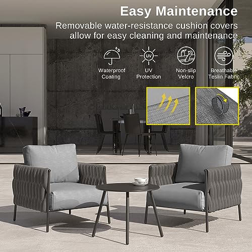 EAST OAK Life Chatter 3-Piece Patio Bistro Set, 2 Armchairs with Thick Cushion & Coffee Table，Deep Seating Patio Furniture for Garden Porch Balcony, Earth Black & Misty Grey