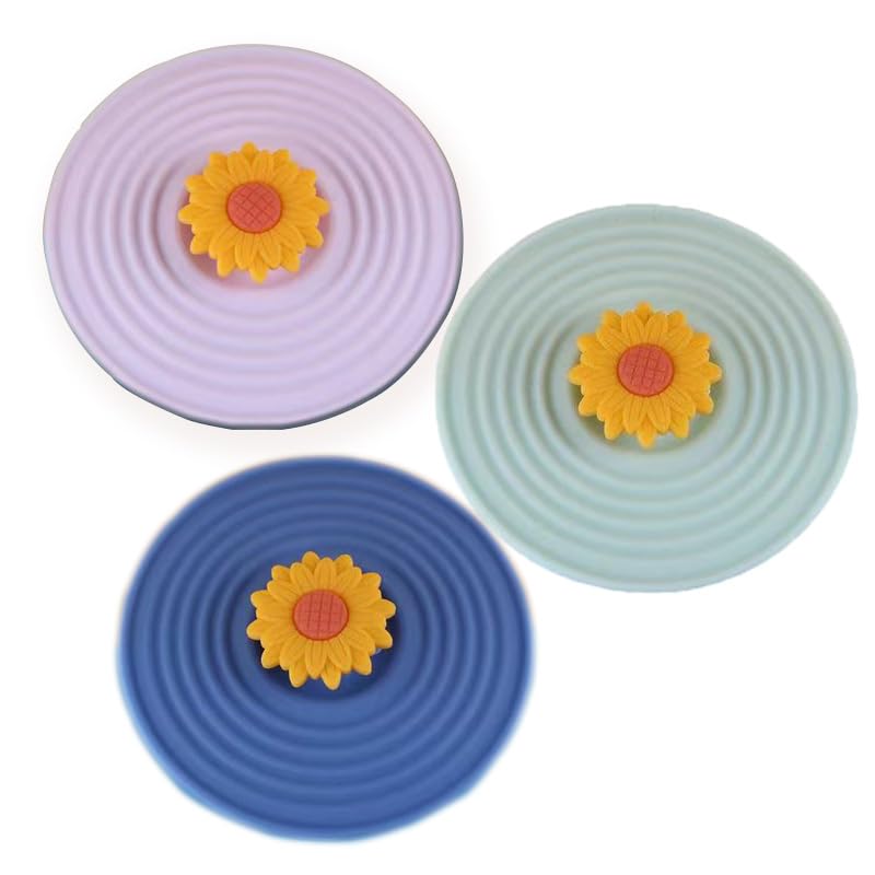 Sunflower Silicone Cup Lids for Drinks Tea to Keep Heat (Set of 3), Cup Covers Silicone Reusable for Women Keep off Dust Insects