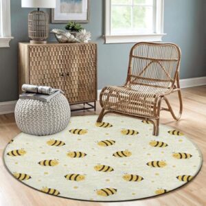 Soft Round Area Rug Cute Honeybee Bee Light Yellow for Bedroom, Circle Rug for Nursery Room, Carpet Floor Mat for Living Room, Dorm Home Decor, Easy to Clean