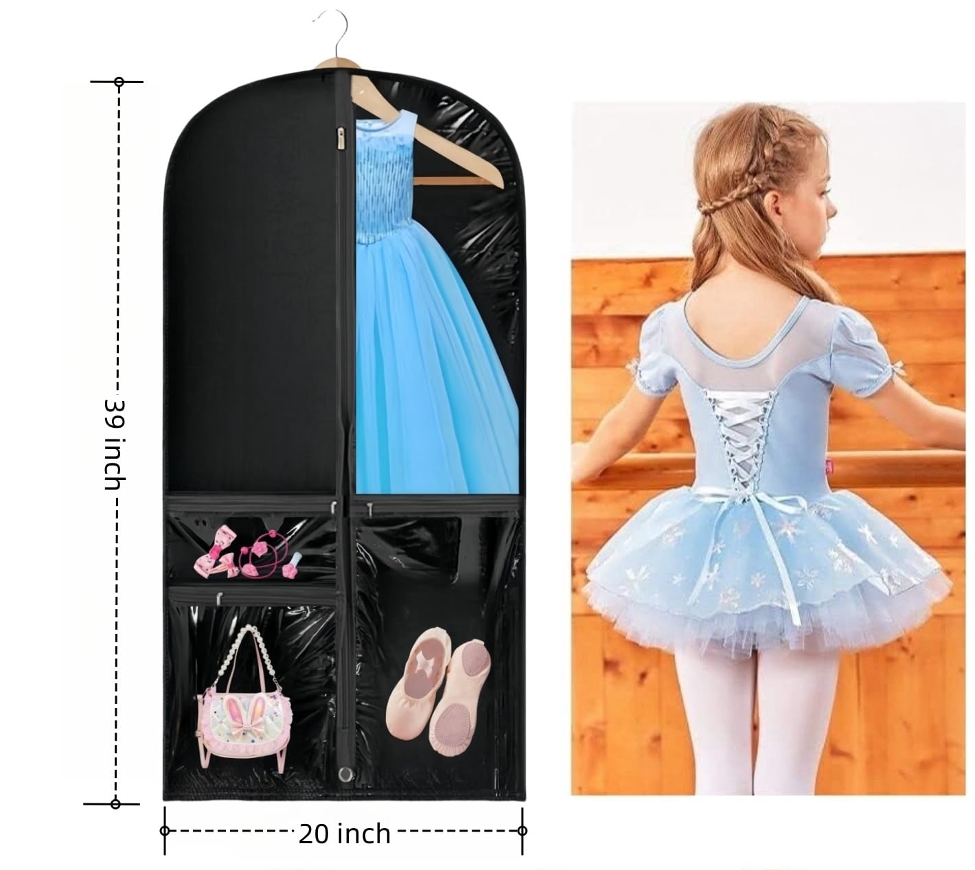 Sanseenia Clear Dance Costume Garment Bag, 39 Inch Garment Bag for Dance Competitions, Kids Hanging Clothes Cover for Girls Closet Storage with 3 Zippered Pockets