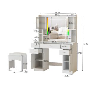 White Vanity Desk with LED Mirror,Makeup Vanity with Charging Station & RGB Lights,5 Drawers 4 Shelves Makeup Desk Vanity Table Stool Set with Glass Table Top & Time Display Lights, White