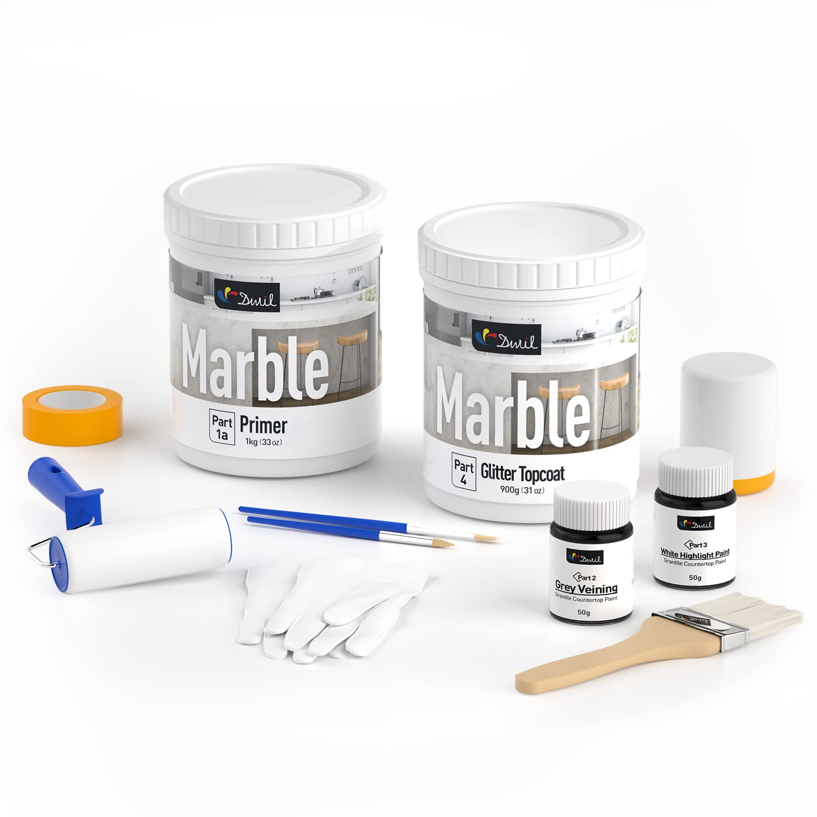 DWIL Marble Countertop Paint Kit, Epoxy Counter Top Refinishing Kit, Kitchen Bathroom Coating for Marble, Granite, Laminate, Ceramic Tile, Cover 45 sq.ft (Jazz White)