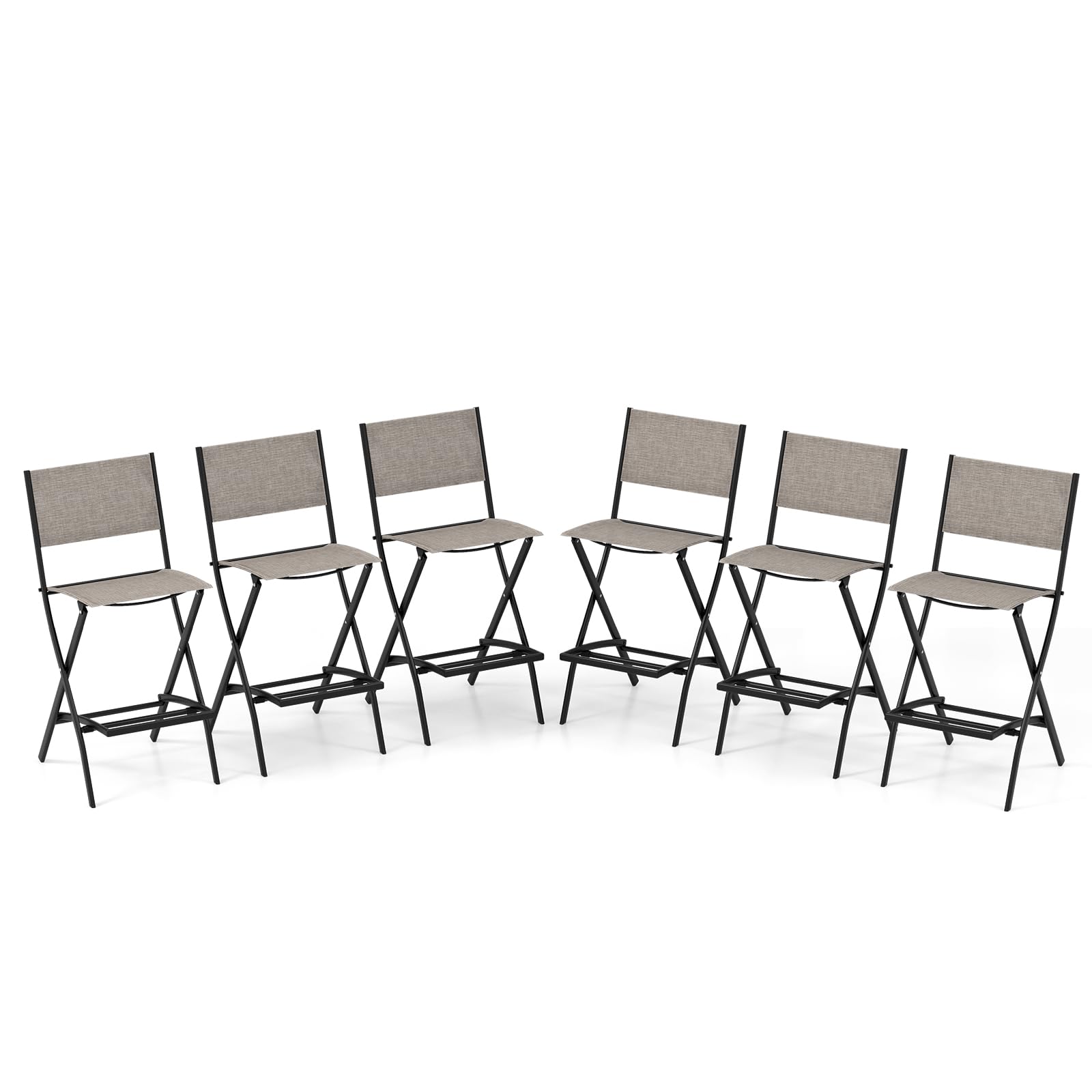 COSTWAY Outdoor Patio Bar Chair Set of 6, Folding Bar Height Stool with Metal Frame & Footrest, Patio Bar Stool for Balcony, Garden & Poolside (6, Coffee)