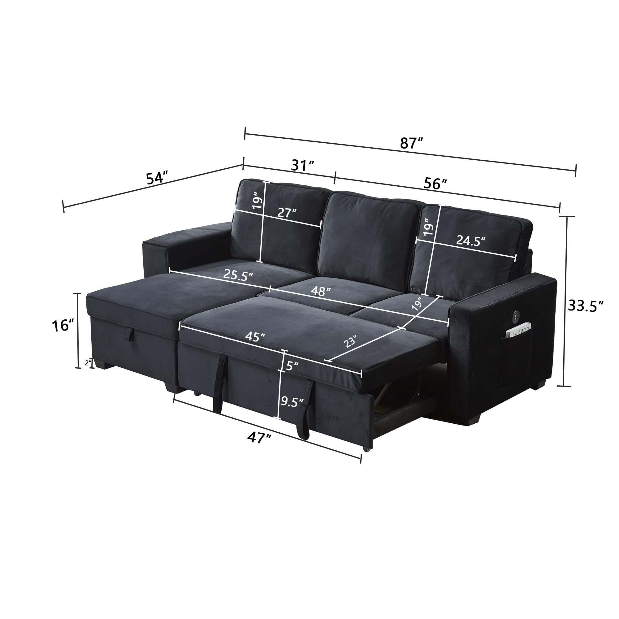 INSTORY Mid-Century Modern Velvet Sofa Sectional L-Shaped Sofa Pull Out SofaBed Convertible Sleeper Sofa Bed with Storage Chaise & USB for Living Room - Black