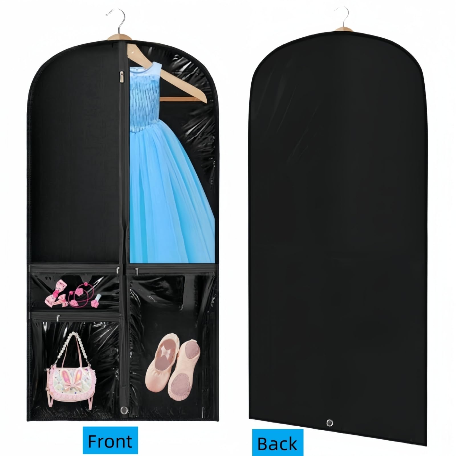 Sanseenia Clear Dance Costume Garment Bag, 39 Inch Garment Bag for Dance Competitions, Kids Hanging Clothes Cover for Girls Closet Storage with 3 Zippered Pockets